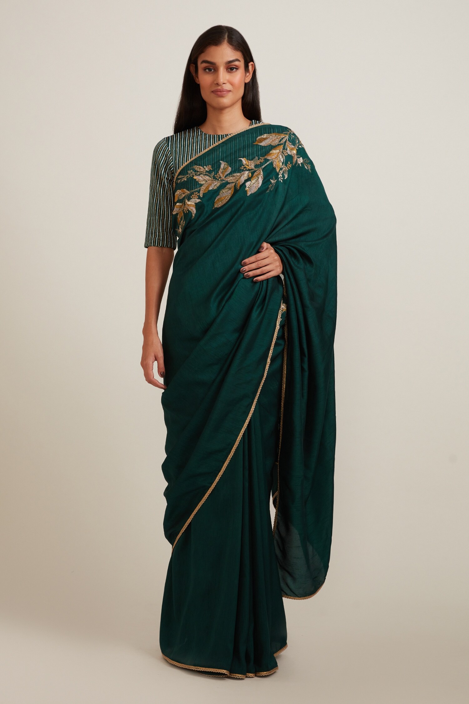 Buy Green Saree Textured Dupion Embroidered Resham For Women by Vamil ...