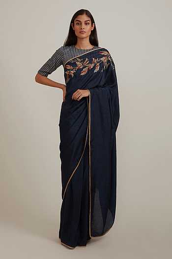 Buy Vamil by Tina & Sonali Blue Textured Dupion Resham Embroidered ...