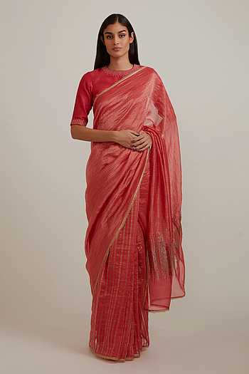 Buy Vamil by Tina & Sonali Pink Zari Woven Organza Saree Online | Aza ...