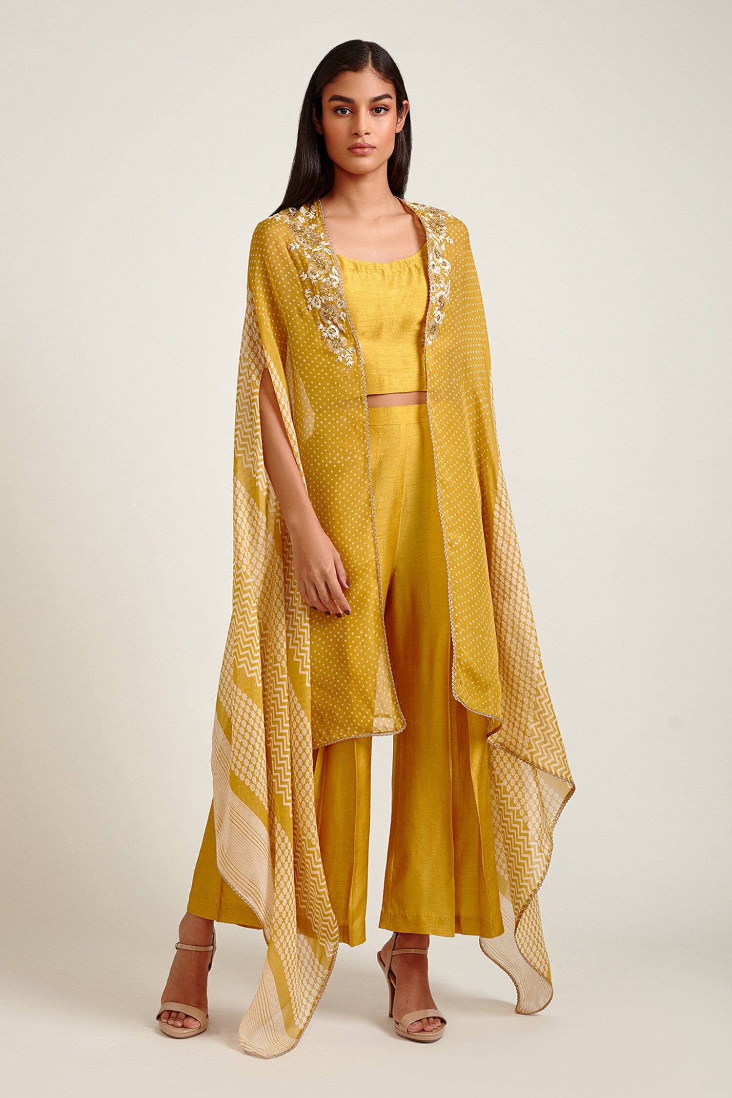 Buy Yellow Cape Organza Georgette Printed And Embroidered Hand Palazzo ...