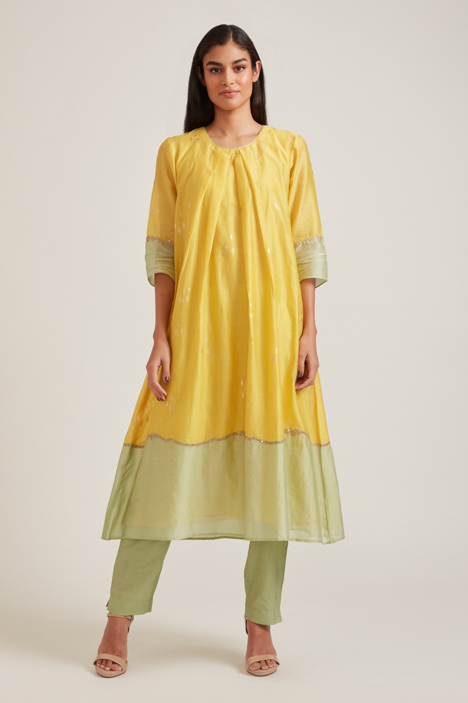 Buy Yellow Anarkali: Silk Chanderi Printed And Applique Foil & Pant Set ...