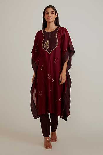 Buy Wine Kurta Silk Chanderi Printed And Applique Foil Kaftan & Pant ...