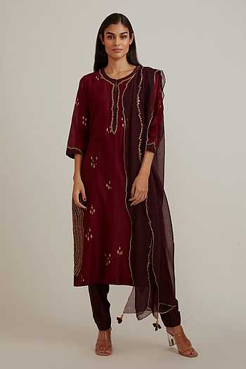 Buy Wine Kurta: Silk Chanderi Printed And Applique Foil Notched Set For ...