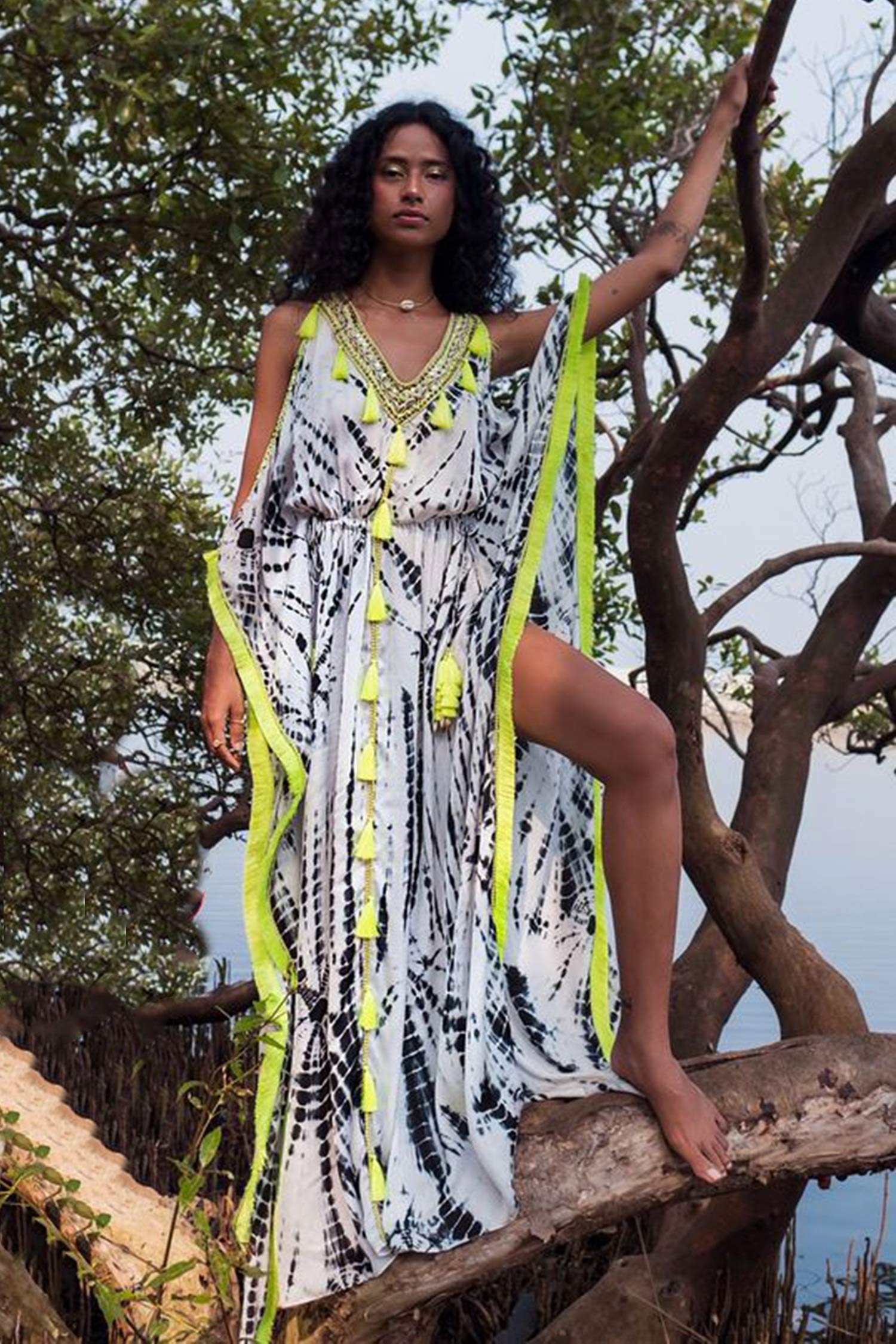 Buy Black Satin Embroidery V Neck Tie Dye Cold Shoulder Kaftan For ...