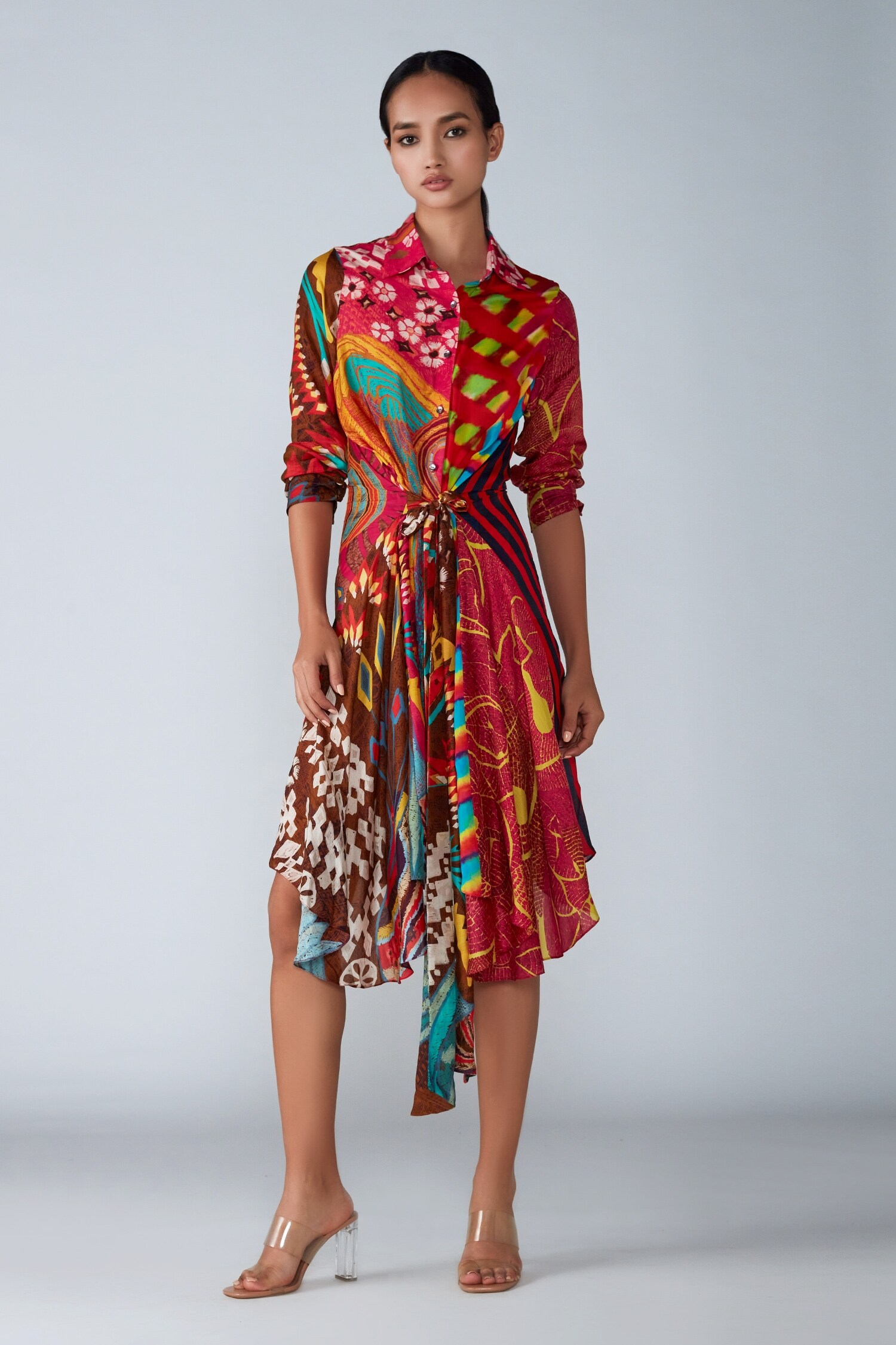 Buy Multi Color Cotton Silk Printed Abstract Collared Neck Dress For ...