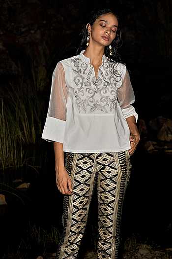 Buy White 100% Cotton Embroidery Metal Thread Notched Bib Blouse For ...