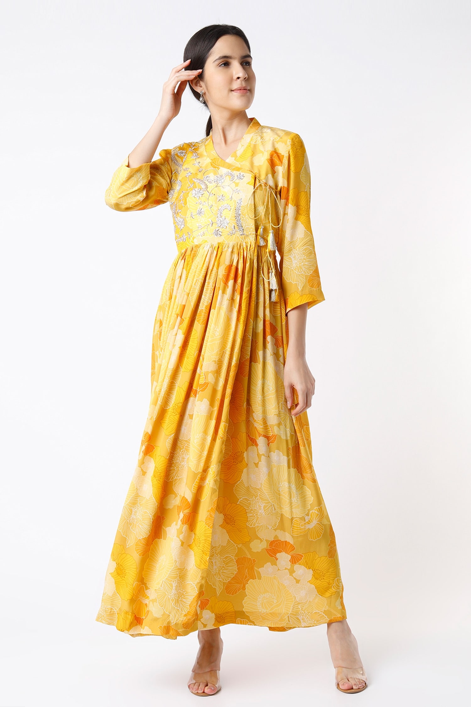 Buy Yellow Georgette Printed Floral V Neck Angrakha For Women by ...