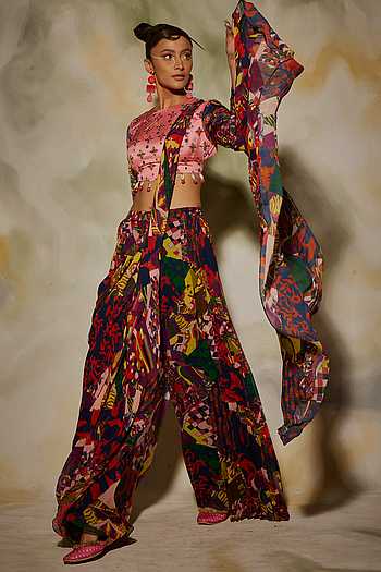 Buy DiyaRajvvir Multi Color Modal Aztec Print Pleated Pant Saree Set ...