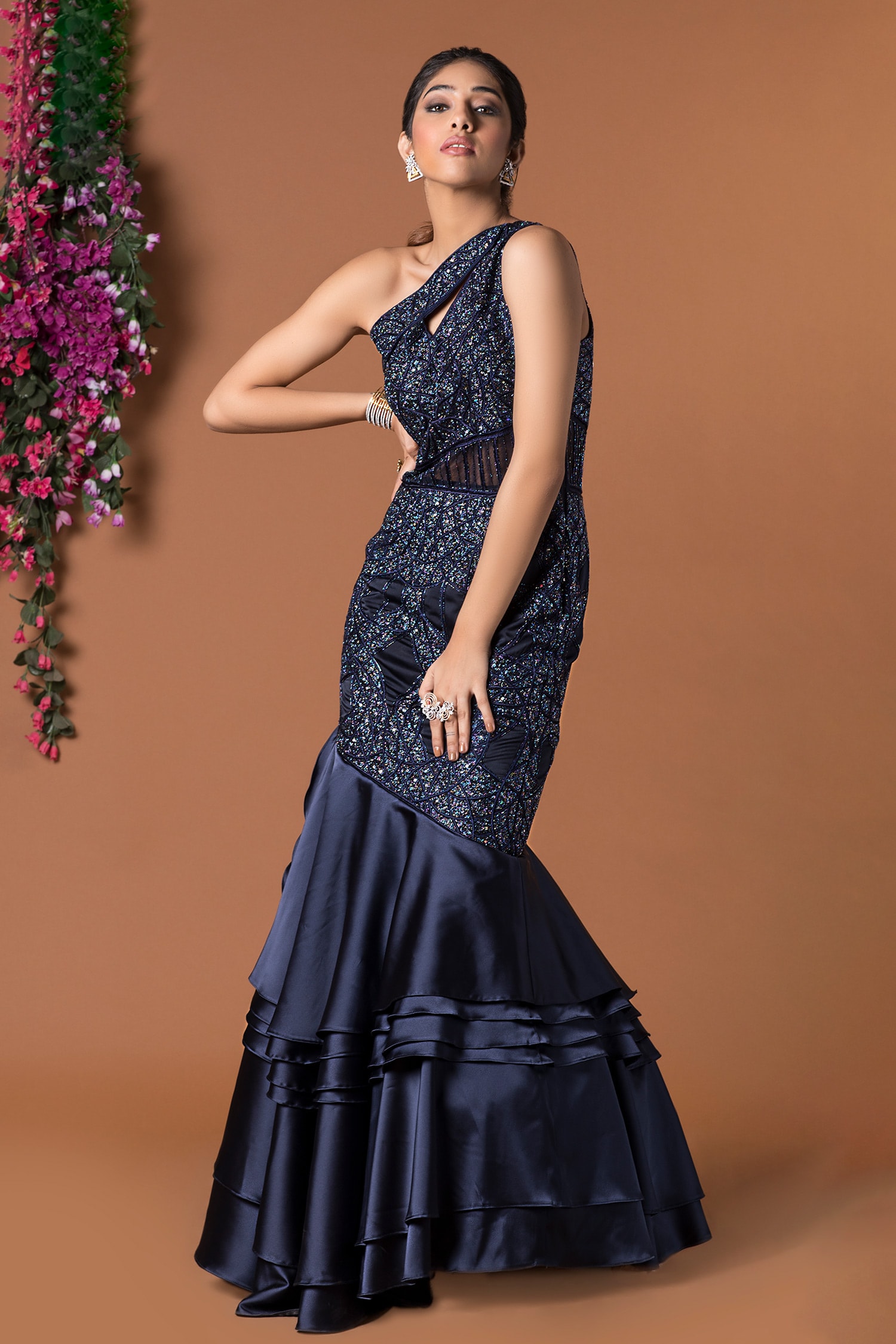 Buy Mehak Murpana Blue Milano Satin Embroidered Fish Cut Gown Online ...