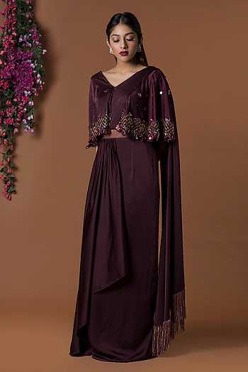 Buy Maroon Milano Satin Embroidery V Neck Saree Gown For Women by Mehak ...