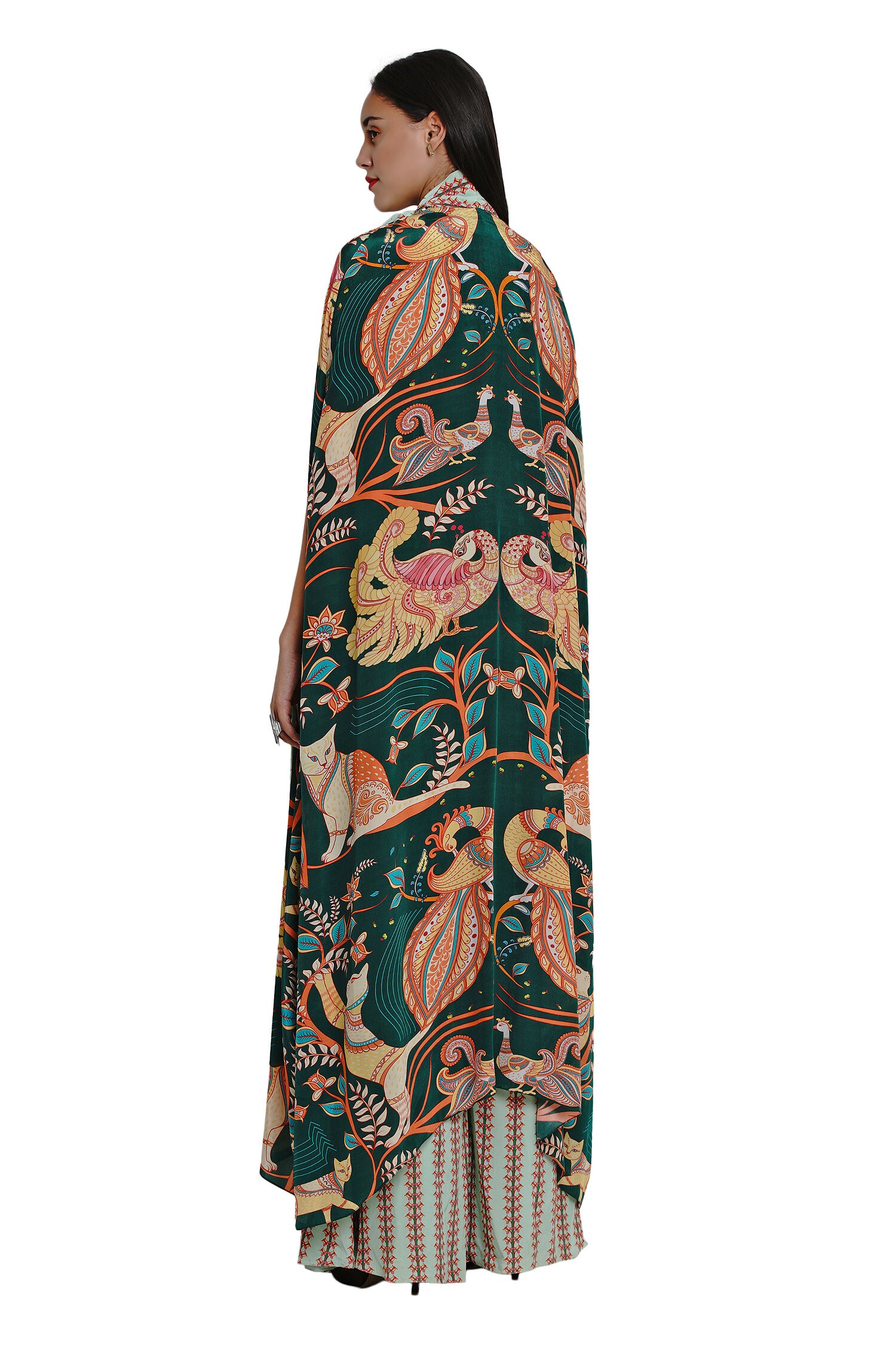 Buy Limerick by Abirr N' Nanki Green Crepe Asymmetric Printed Cape ...