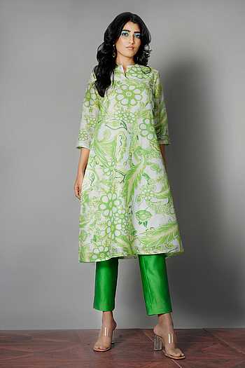 Buy Green Chanderi Embroidery Round Printed Kurta For Women by Saksham ...