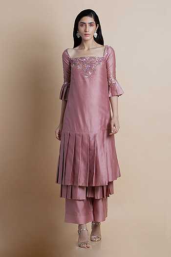 Buy Saksham Neharicka Pink Handwoven Chanderi Pleated Kurta Set Online ...