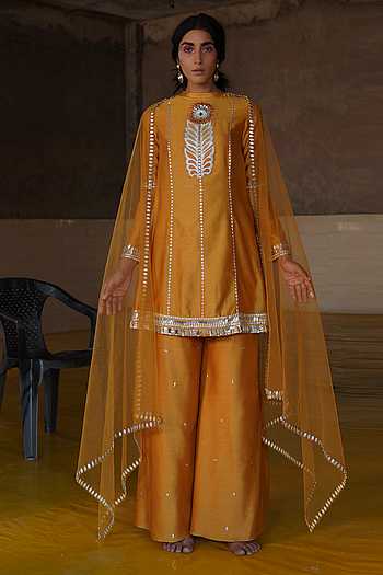 Buy Yellow Chanderi Round Embroidered Palazzo Set For Women by Saksham ...