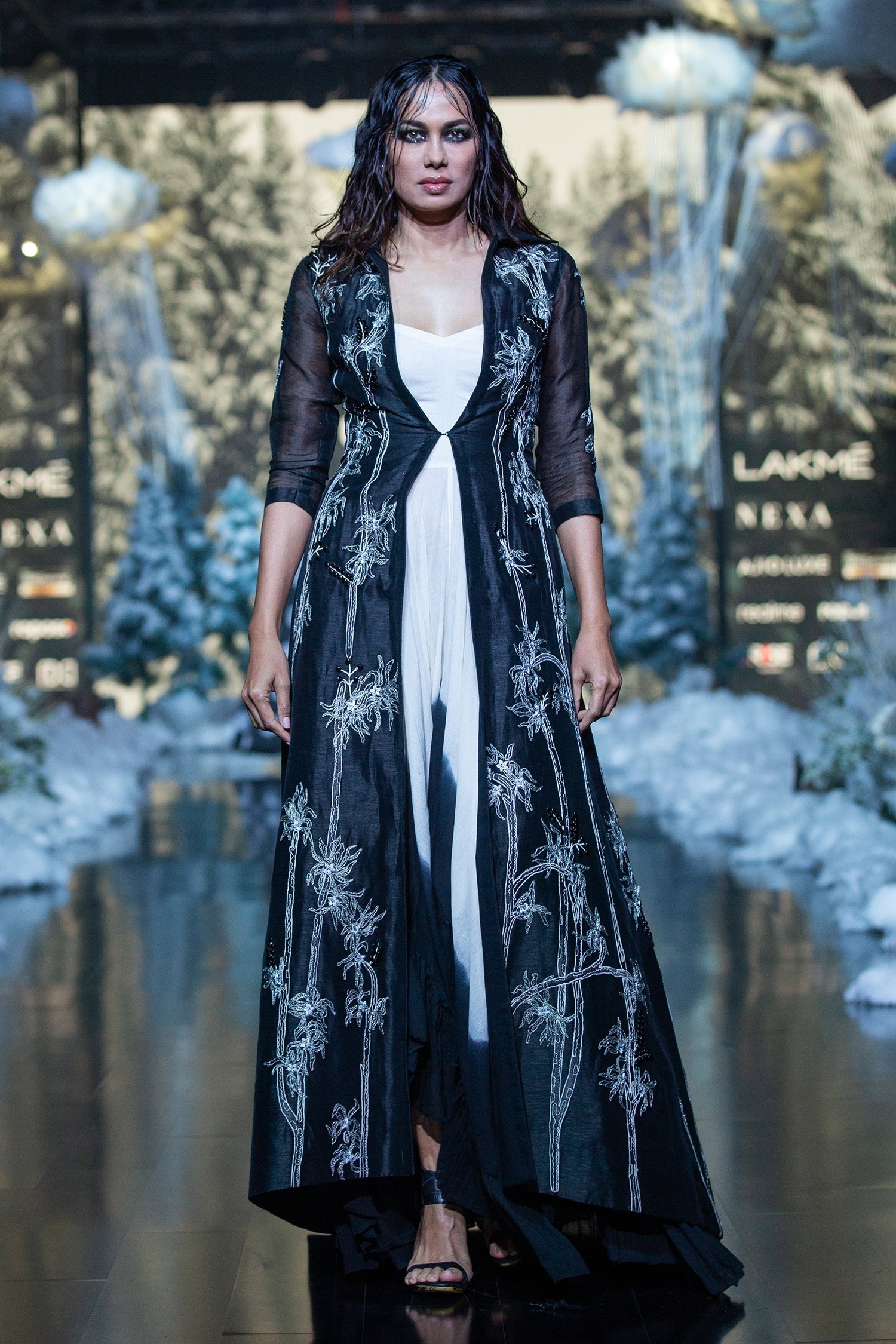 Buy Samant Chauhan Black Linen Silk Floral Embroidered Jacket With Gown ...