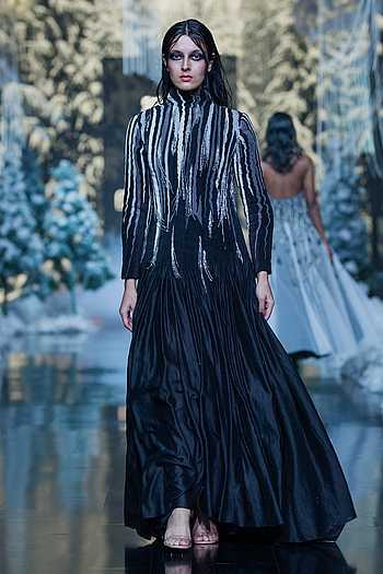 Buy Black Silk; Lining: Embroidery Zari High Neck Gown For Women by ...