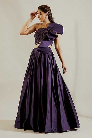 Buy Blue Raw Silk Asymmetric Embellished One Shoulder Lehenga Set For ...