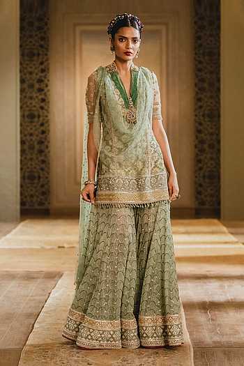 Buy Green Tulle V Neck Embroidered Kurta Sharara Set For Women by Tarun ...