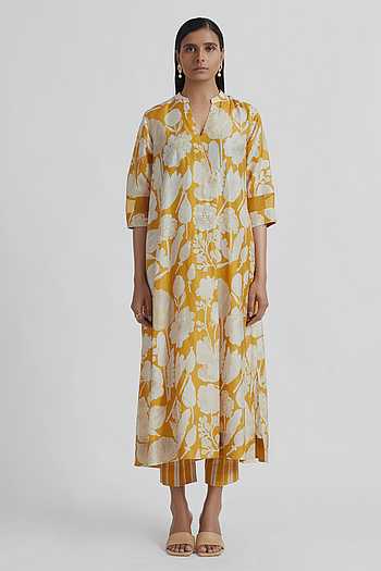 Buy Divyam Mehta Yellow Mulberry Silk Floral Print Tunic Online | Aza ...
