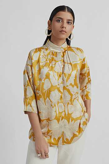 Buy Divyam Mehta Yellow Silk Satin Floral Print Shirt Online | Aza Fashions