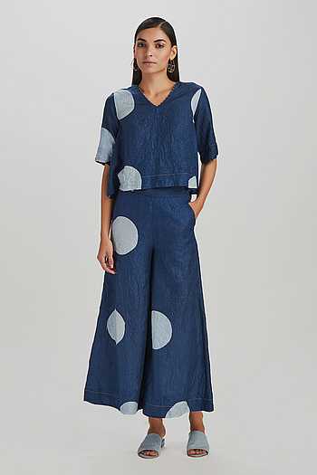 Buy Divyam Mehta Blue Mulberry Silk Polka Dot Print Pant Set Online ...
