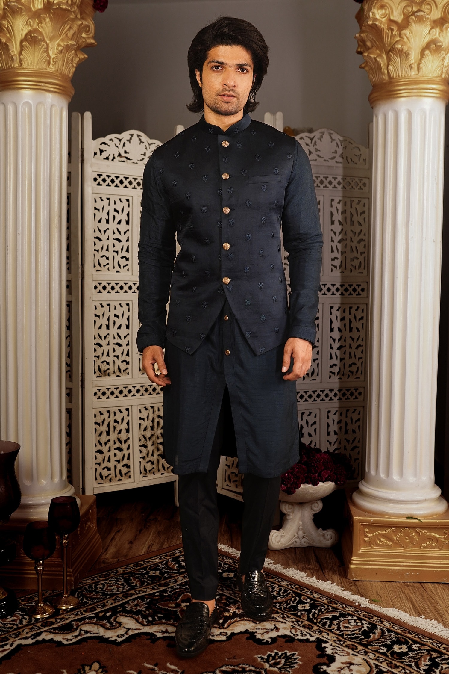 Buy Blue Kurta And Bandi Silk Embroidery Thread Ramalya Bundi & Set For ...