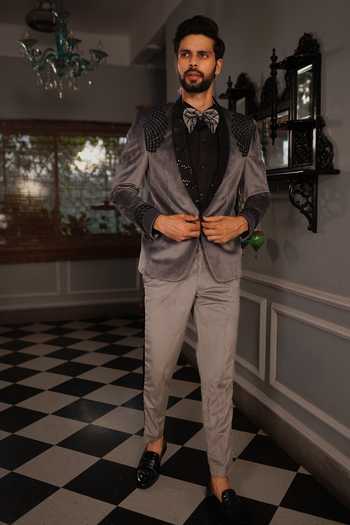 Buy Grey Tuxedo: Suede Embroidery Beads Vali Set For Men by YAJY by ...
