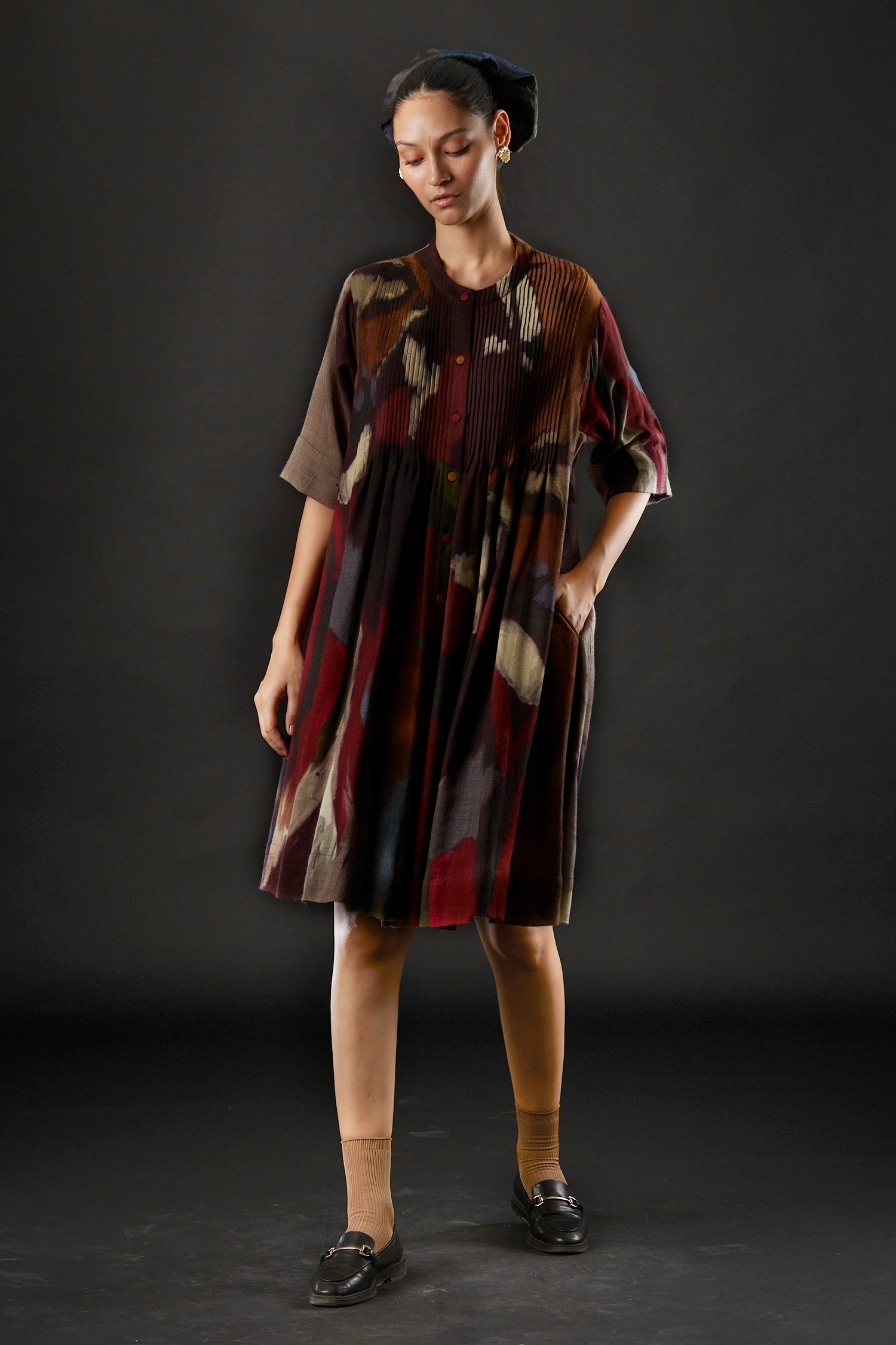 Buy Wine 100% Solo Wool Hand Painted Stroke Mandarin Collar Mei Dress ...