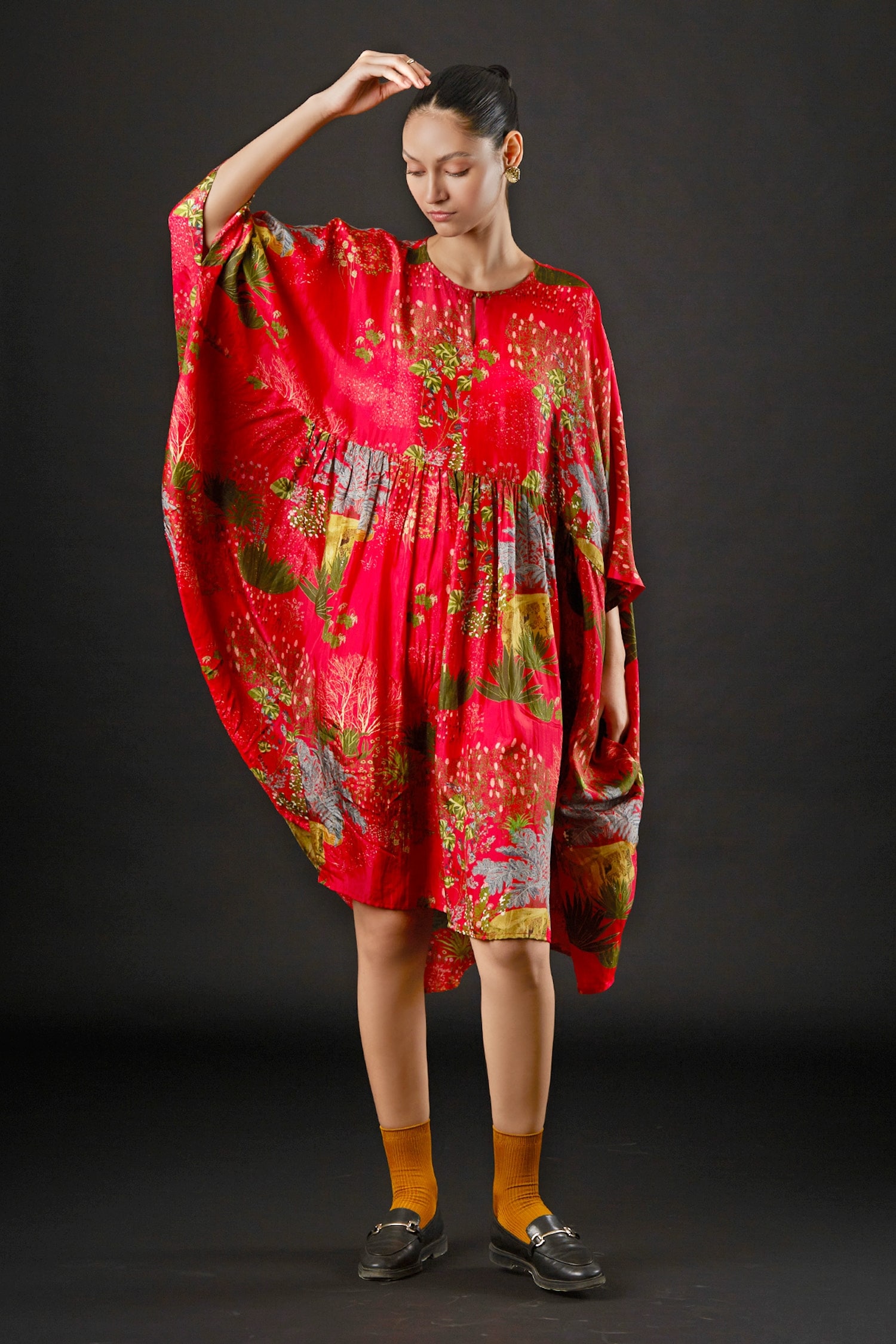 Buy Red Silk Printed Tropical Round Carmine Dress For Women by Yavi Online at Aza Fashions.