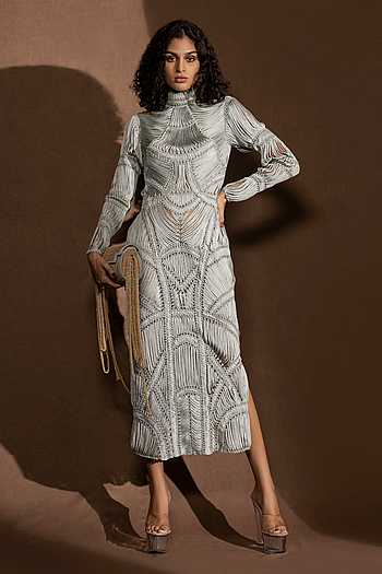 Buy Grey Net Embellished Silk Yarns Drapes High Neck Dress For Women by ...