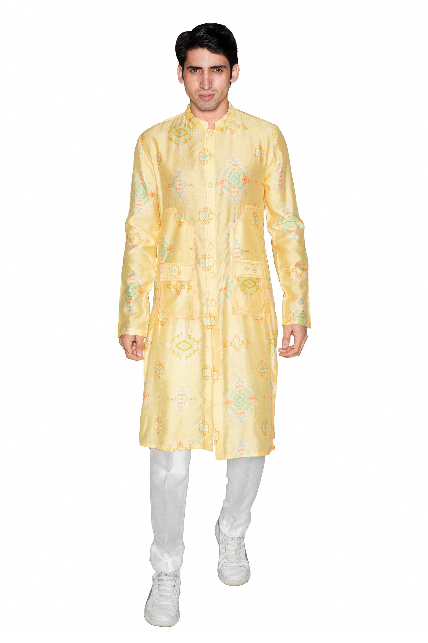 Buy Ankur J Yellow Cotton Silk Front Button Down Geometric Print Kurta ...