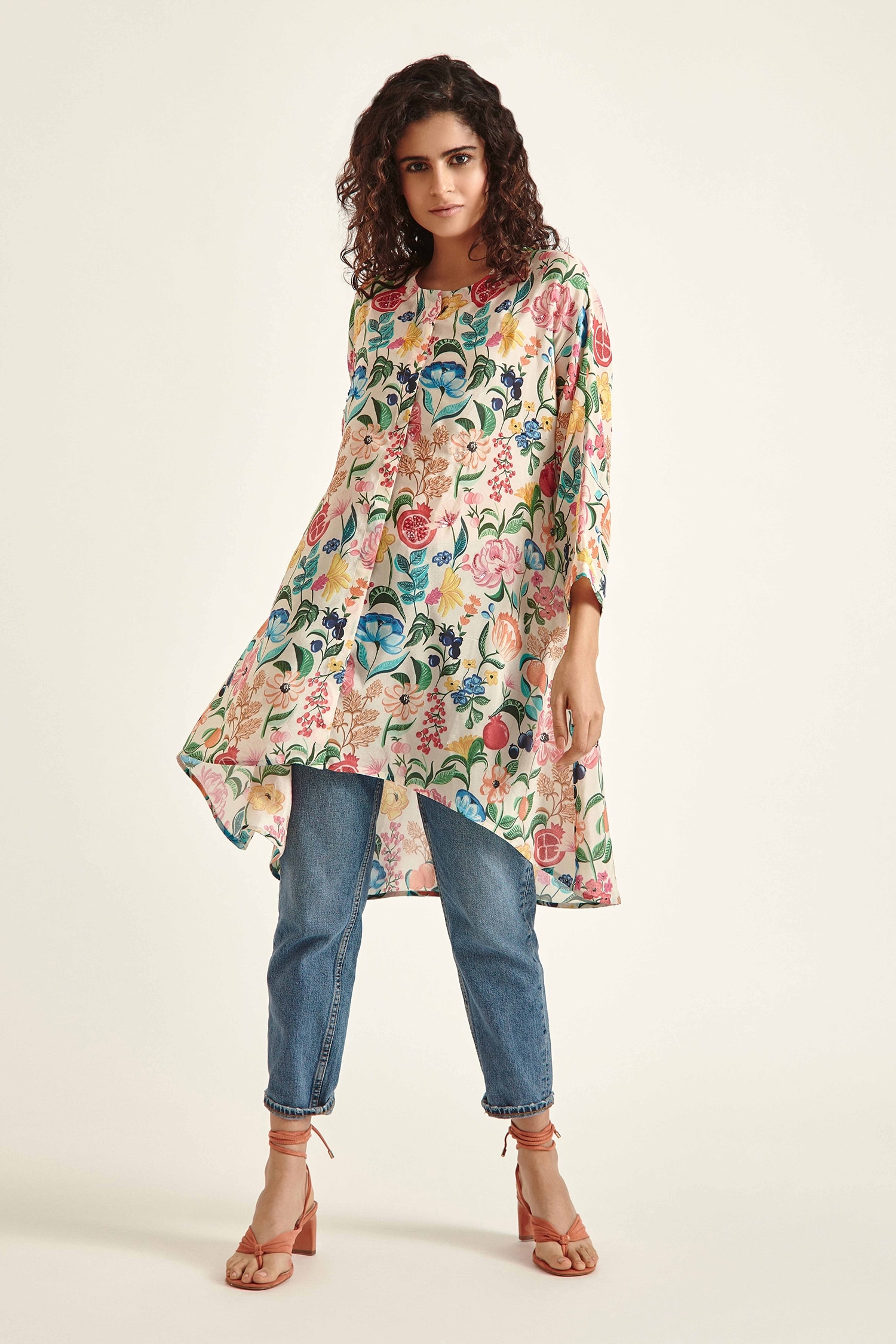 Buy White Silk Crepe Floral Round Yolanthe Tunic For Women By Pankaj