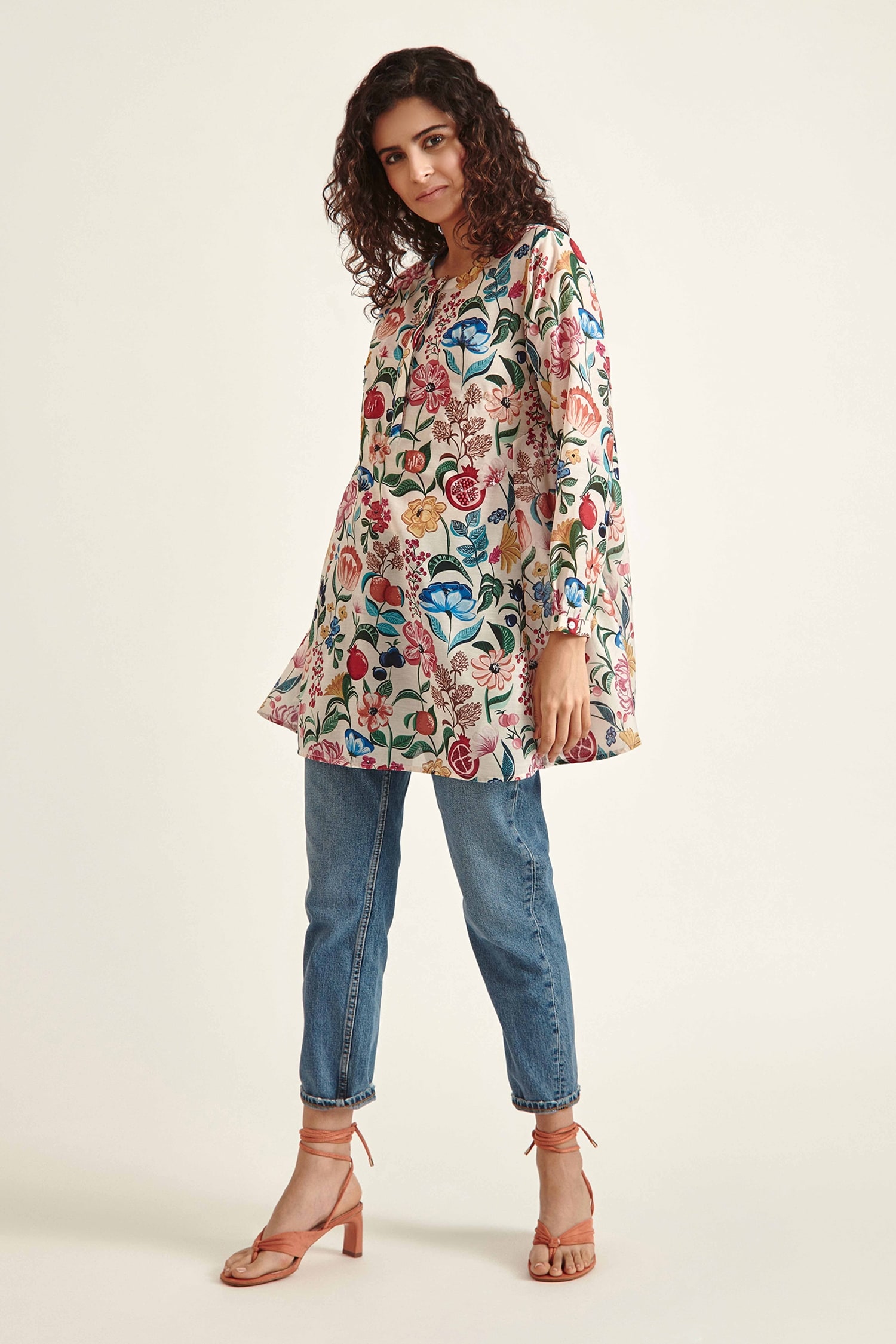 Buy Pankaj And Nidhi White Cotton Silk Yolanthe Printed Tunic Online