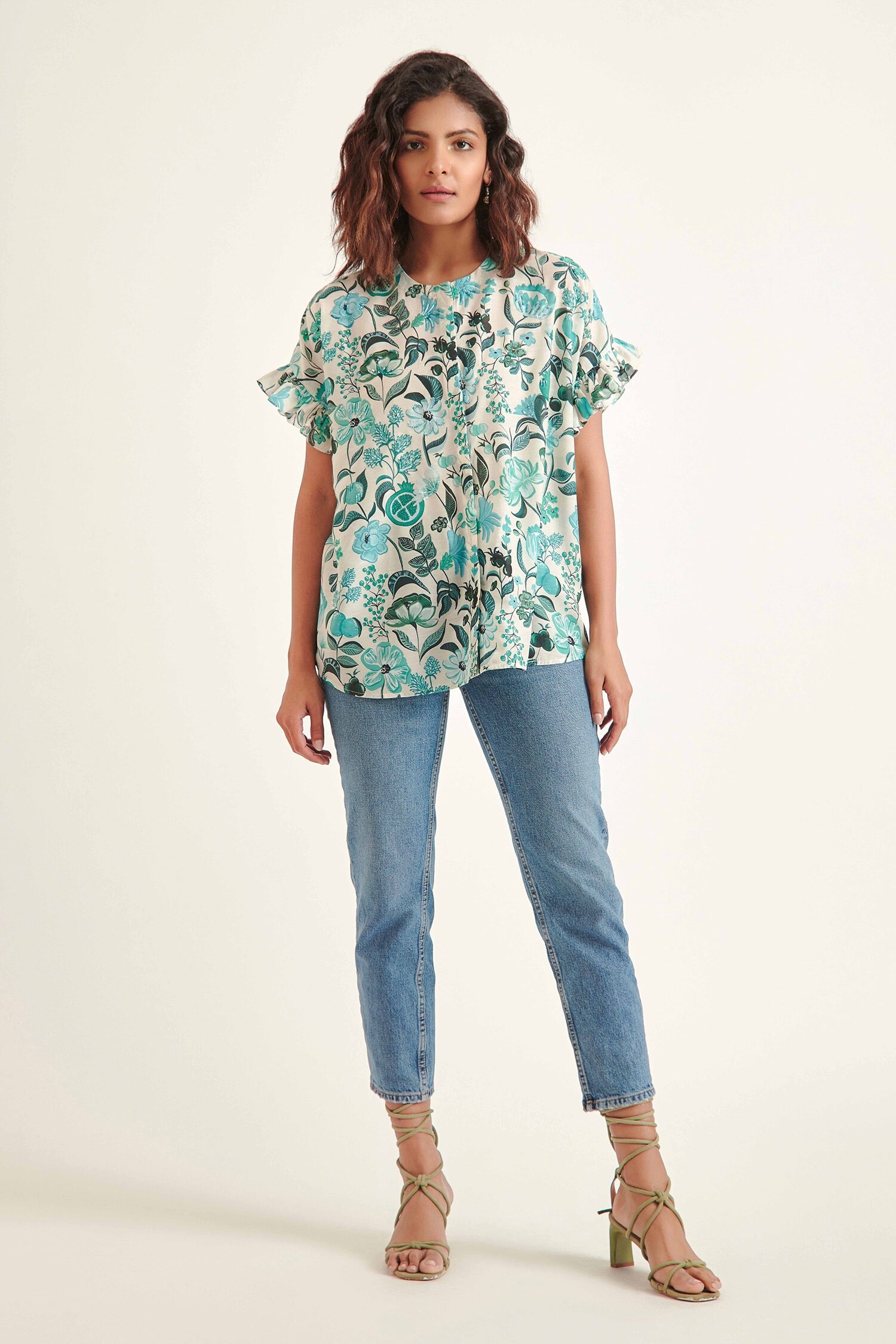 Buy Green Cotton Silk Floral Round Yolanthe Top For Women By Pankaj