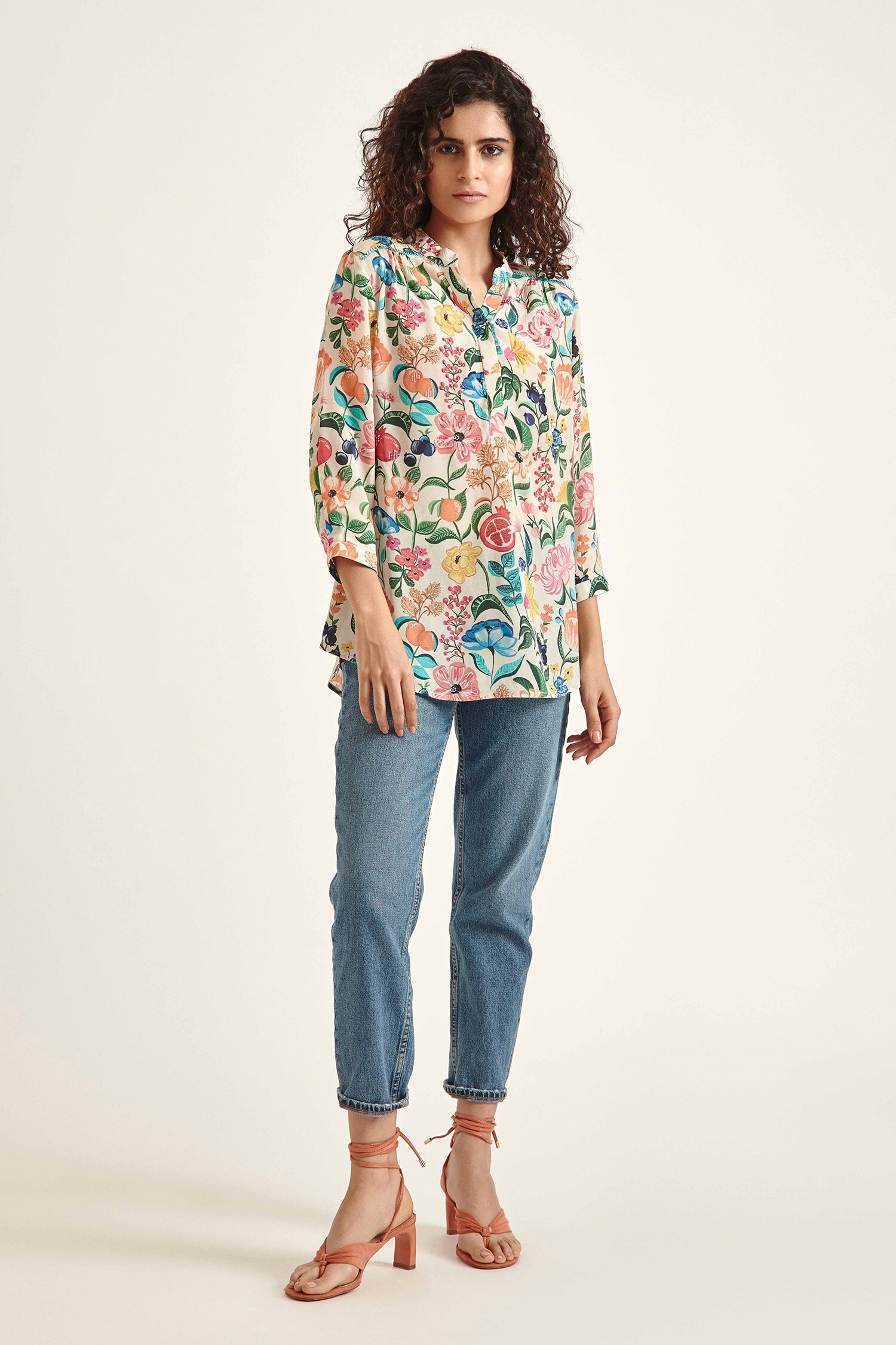 Buy Pankaj And Nidhi White Silk Crepe Yolanthe Printed Short Tunic Online