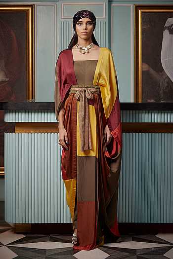 Buy Multi Color Hammer Satin Square Neck Colorblock Draped Pant Saree ...