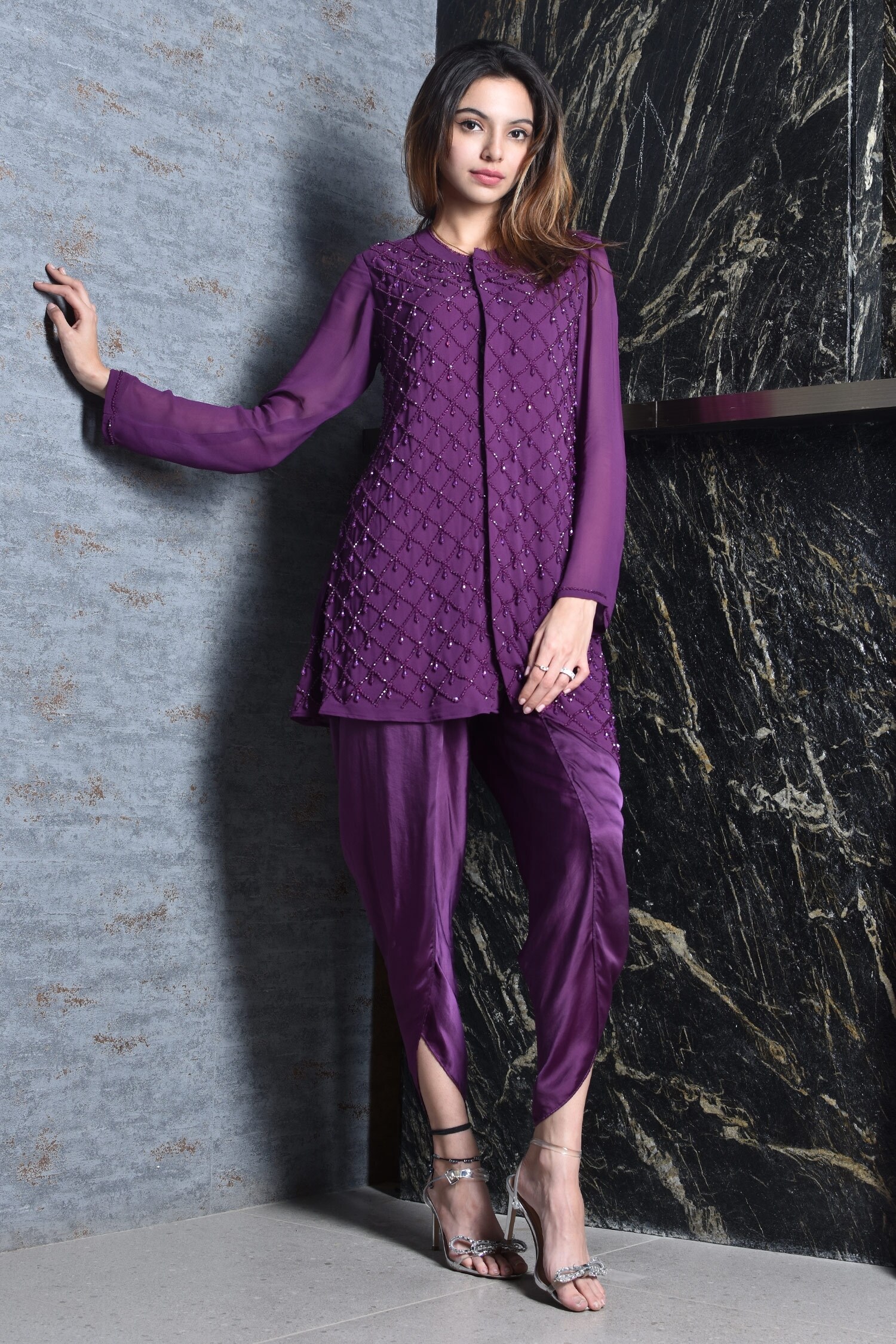 Buy Purple Georgette Embroidery Beads And Cutdana Tunic & Dhoti Pant ...